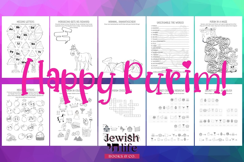 PURIM Instant Download Activity Pages for Kids Ages 5-10 | 20 Sheets of ...
