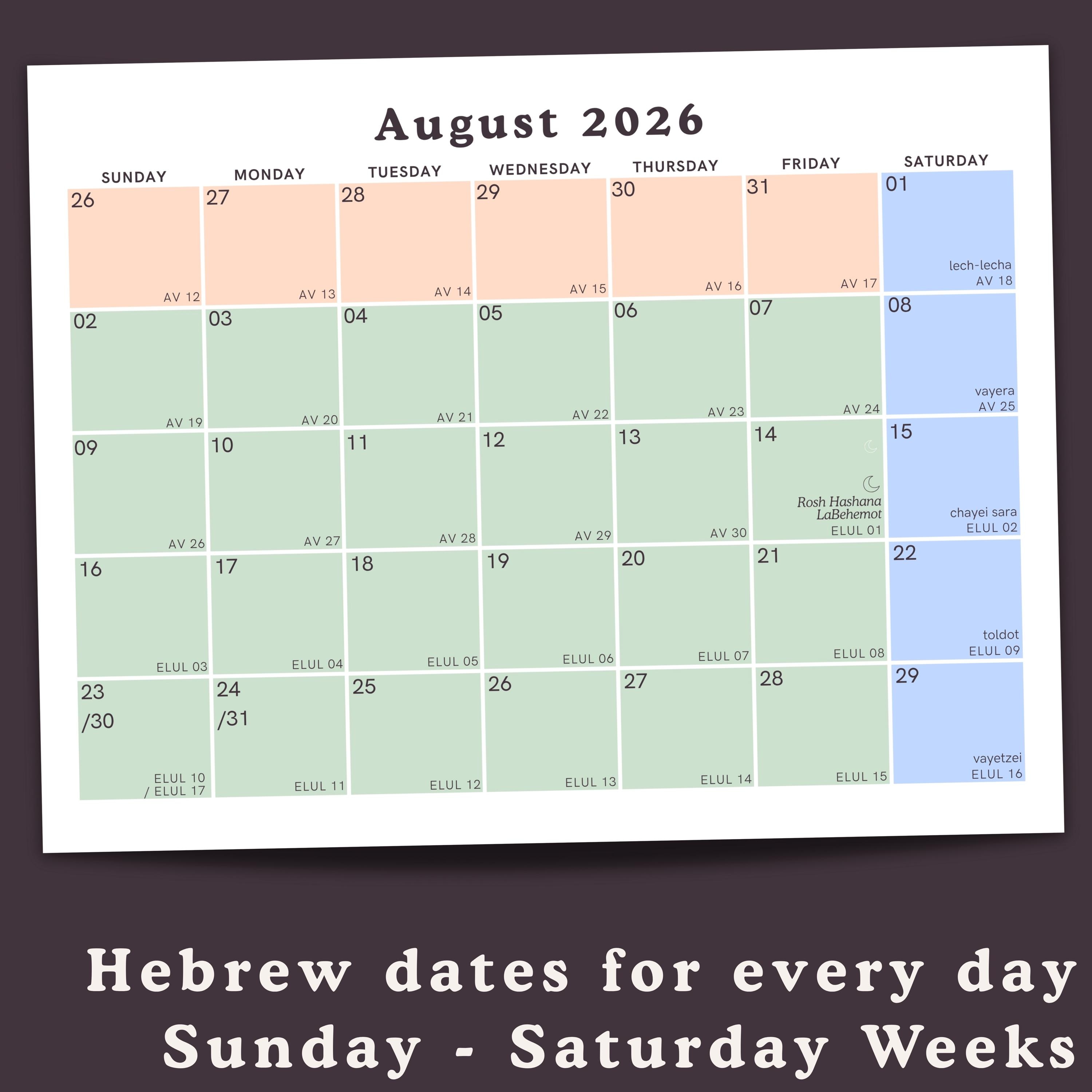 5786 Jewish Calendar Printable • Monthly Hebrew Planner PDF • Jewish ...