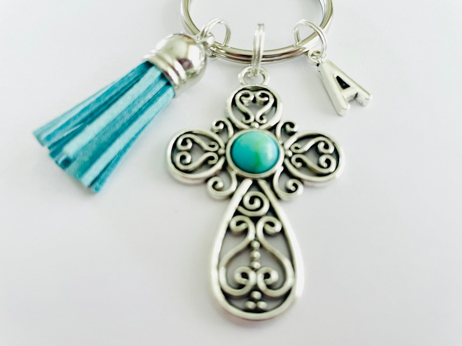 Christian Keychain for Women Turquoise Cross Tassel Keyring - Etsy