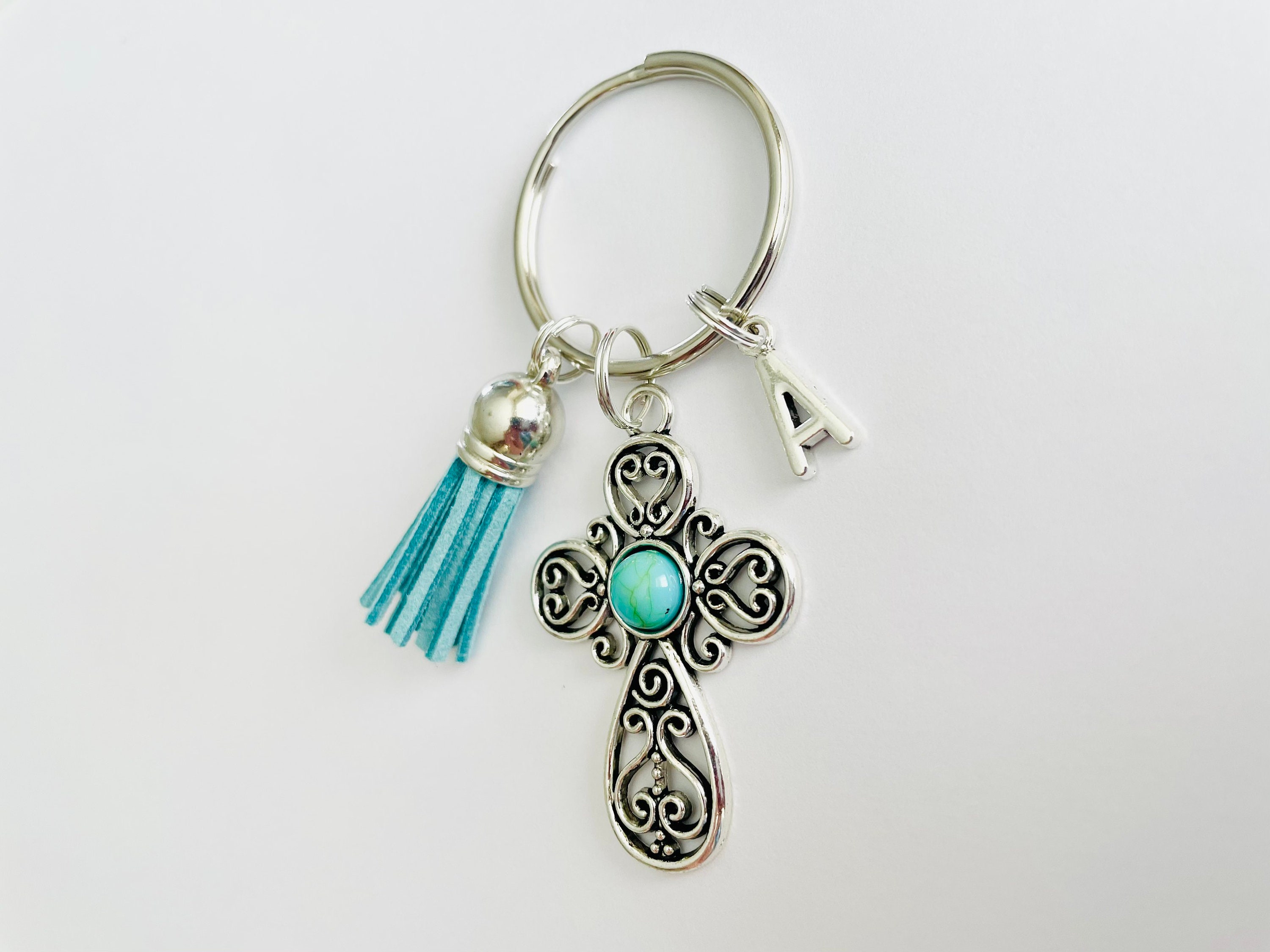 Christian Keychain For Women Turquoise Cross Tassel Keyring | Etsy