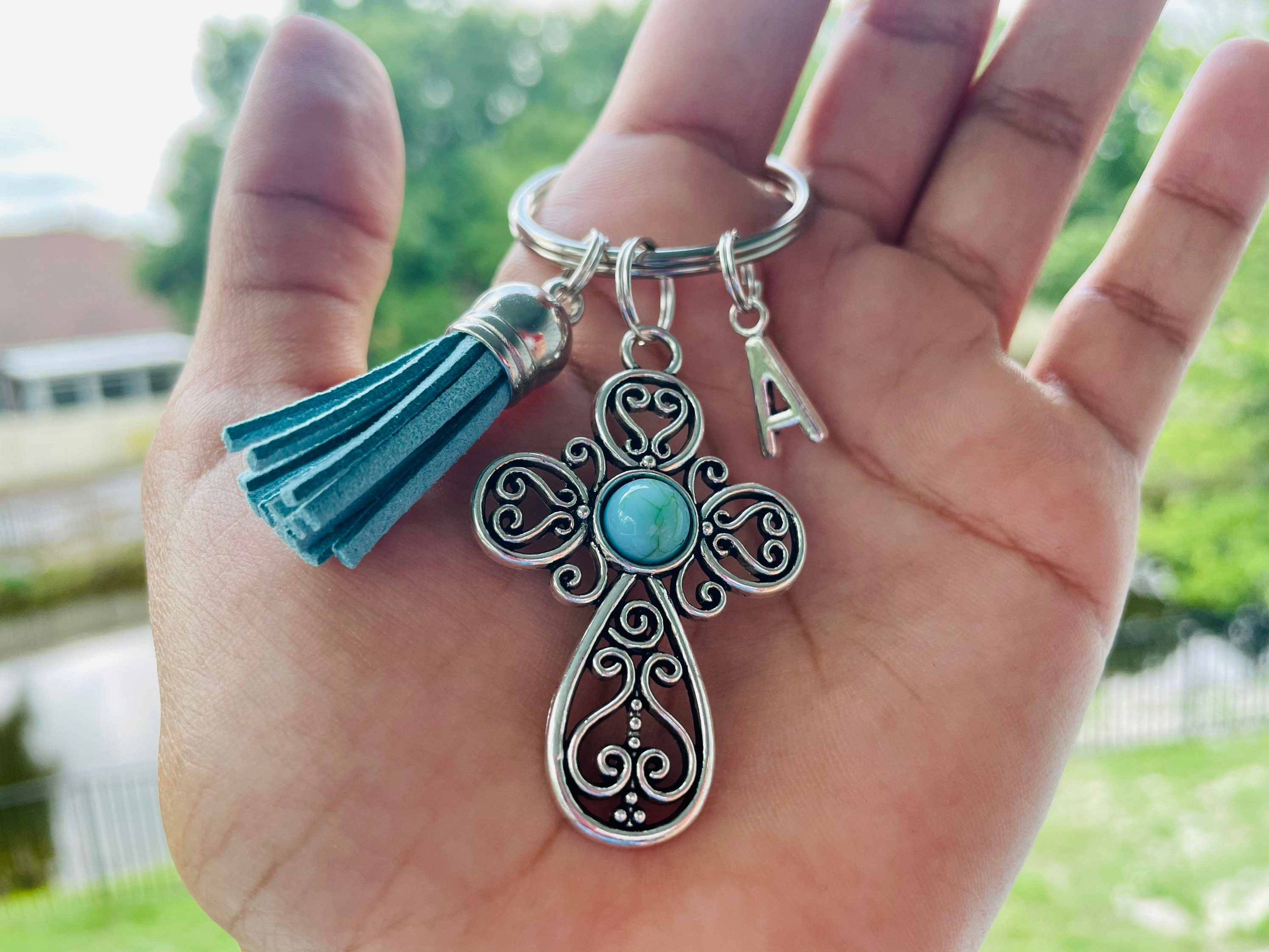 Christian Keychain For Women Turquoise Cross Tassel Keyring | Etsy
