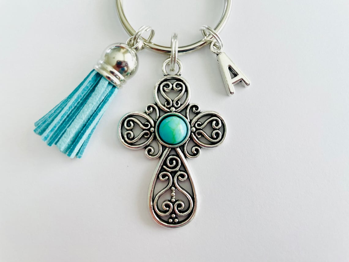 Christian Keychain for Women Turquoise Cross Tassel Keyring - Etsy