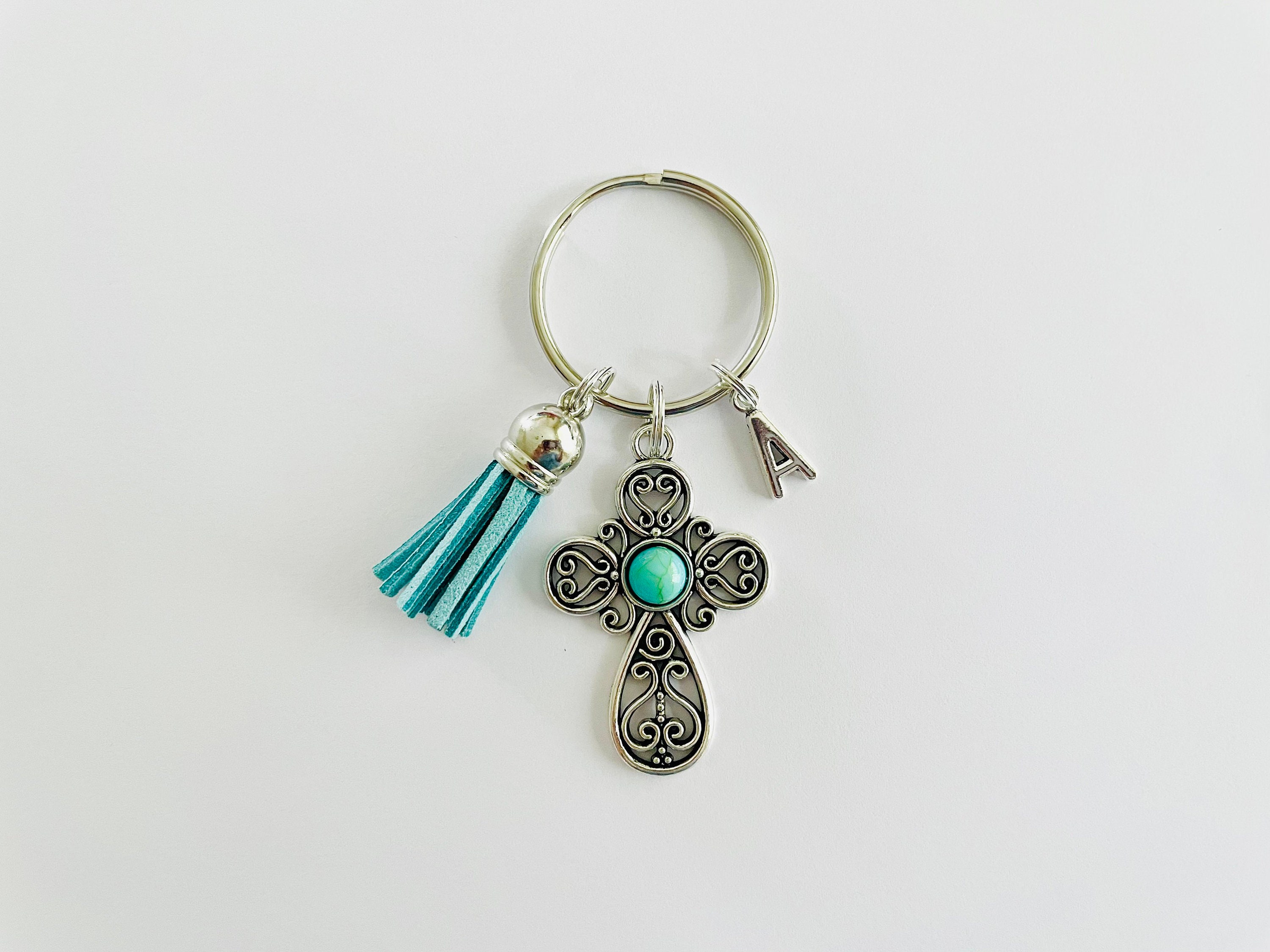 Christian Keychain for Women, Turquoise Cross Tassel Keyring, Cross ...