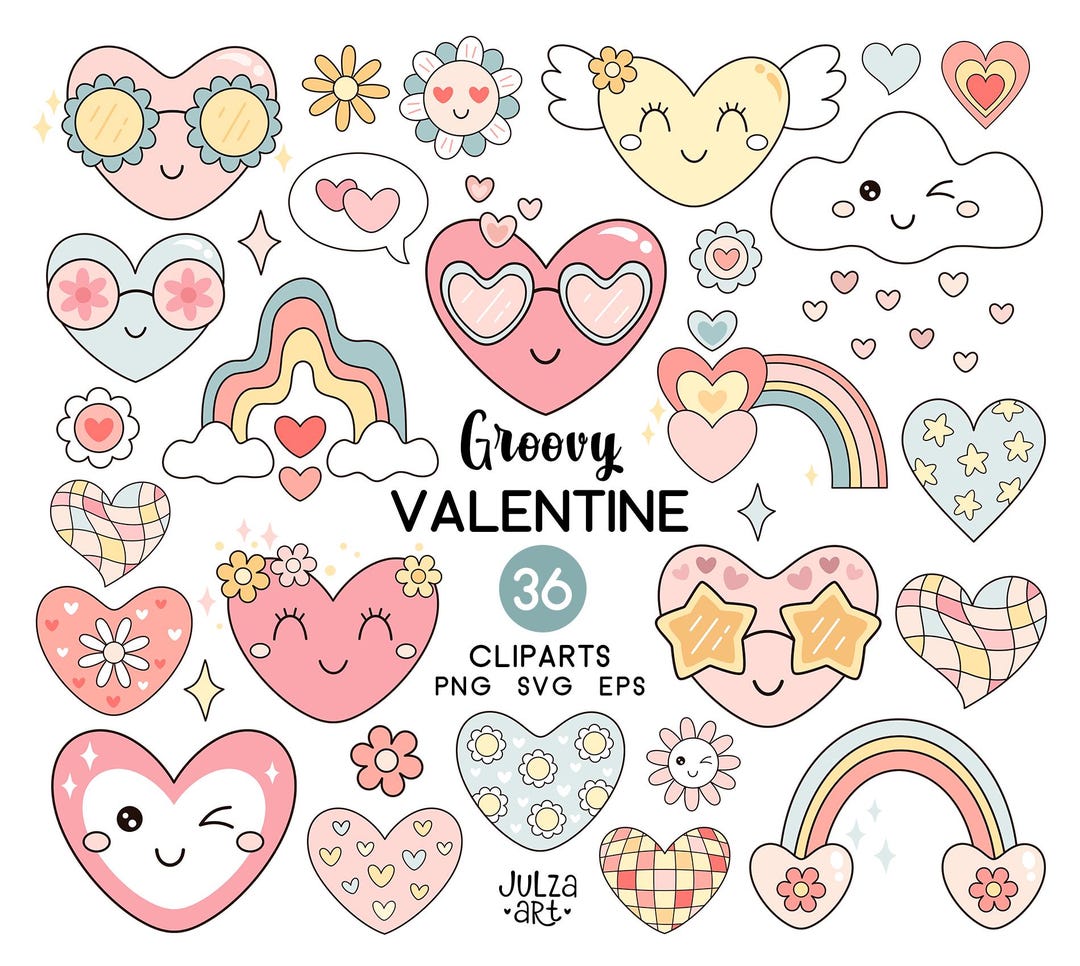Retro Valentine Clipart: Groovy Heart SVG, Valentines Day PNG, Love ...