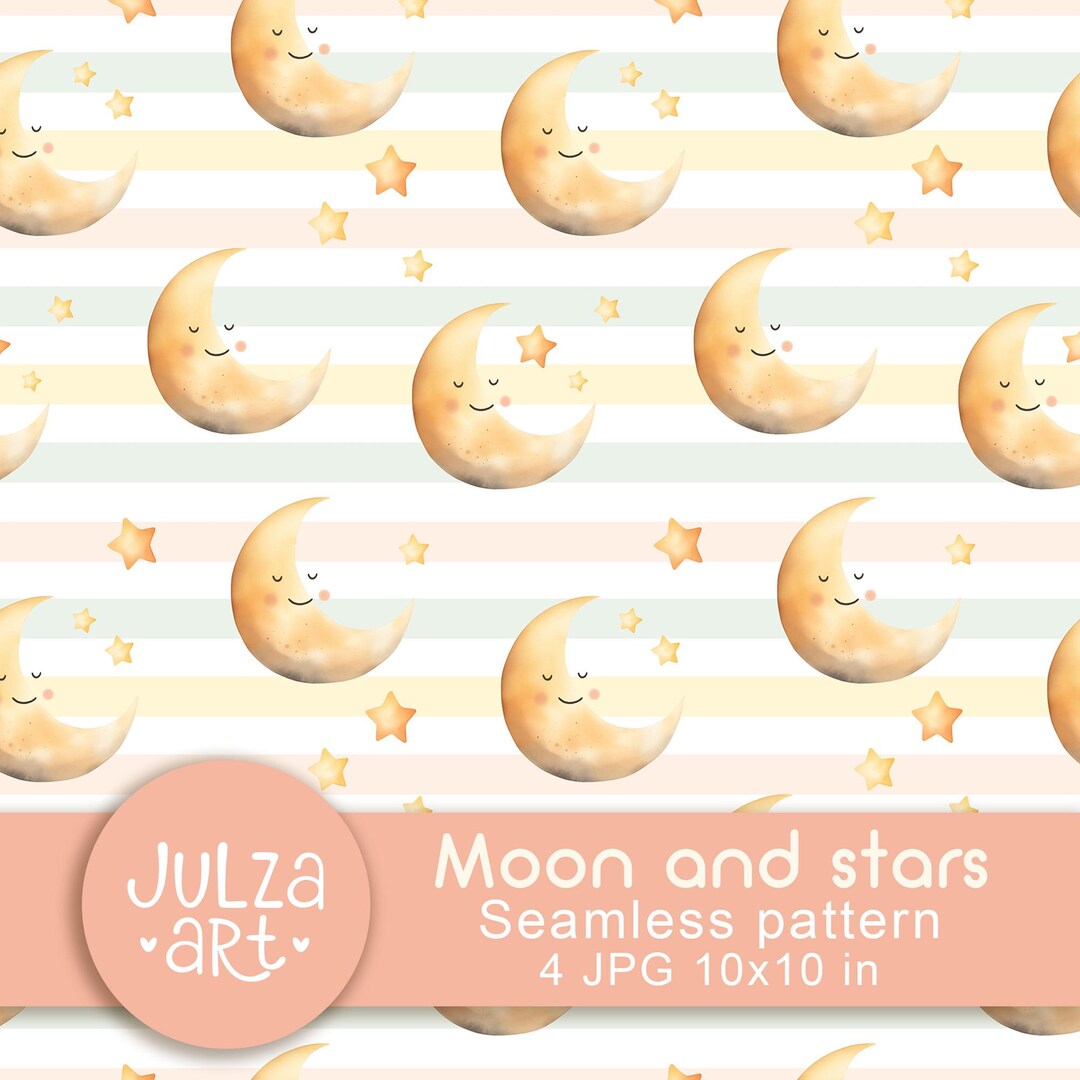 Watercolor Moon and Stars Seamless Pattern Cute Moon Digital Paper ...