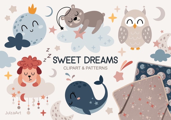Sweet Dreams Clipart Moon and Stars Svg Sleeping Animals | Etsy