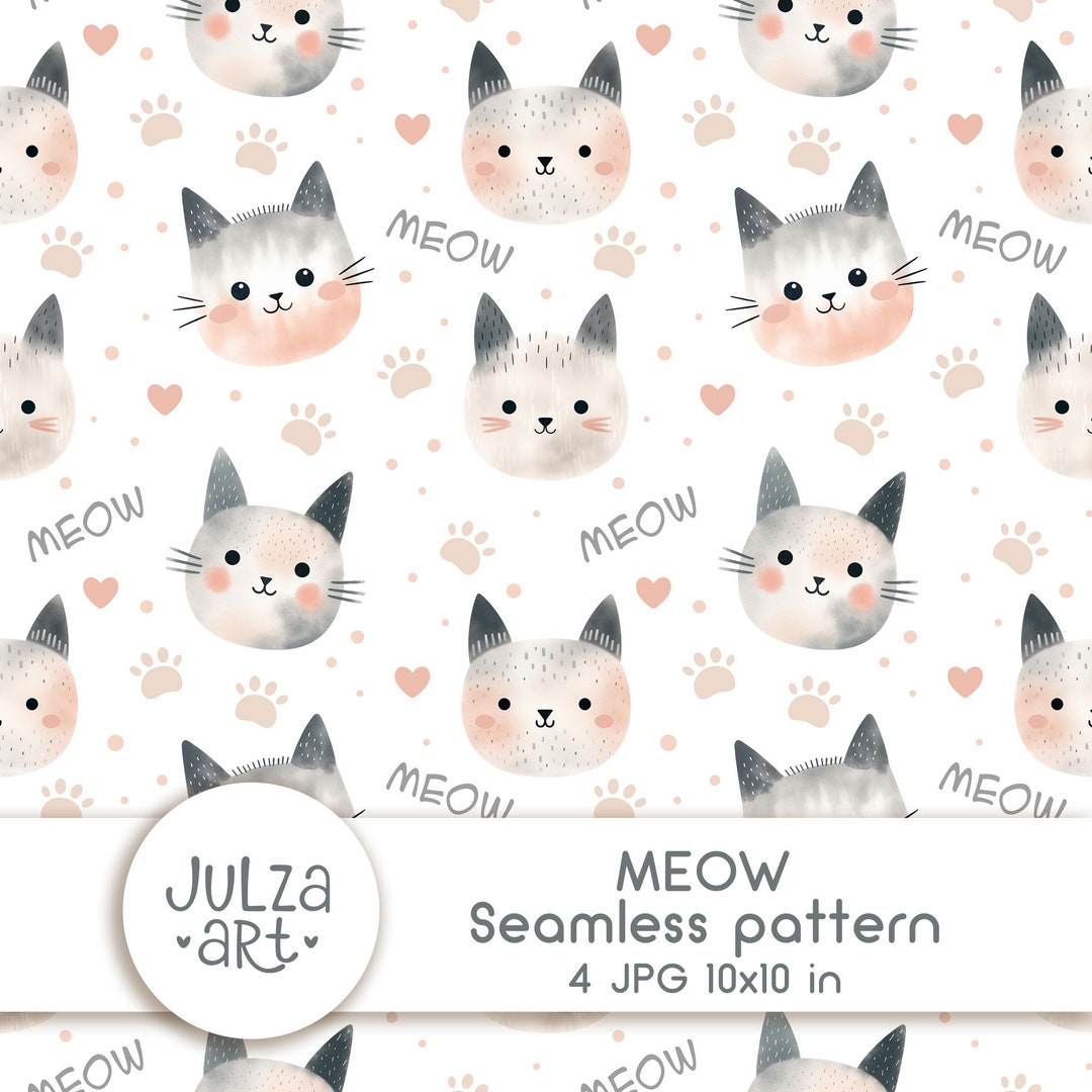 Cute Cat Seamless Pattern Watercolor Cat Digital Paper Cat Face Pattern ...