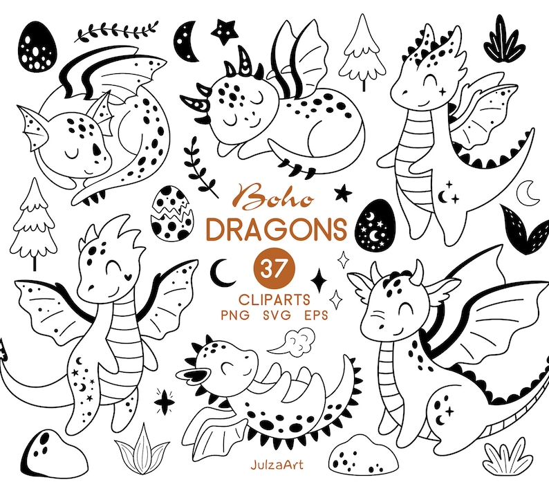 Dragon Clipart: Black and White Fantasy Animal Doodle, Year of the ...