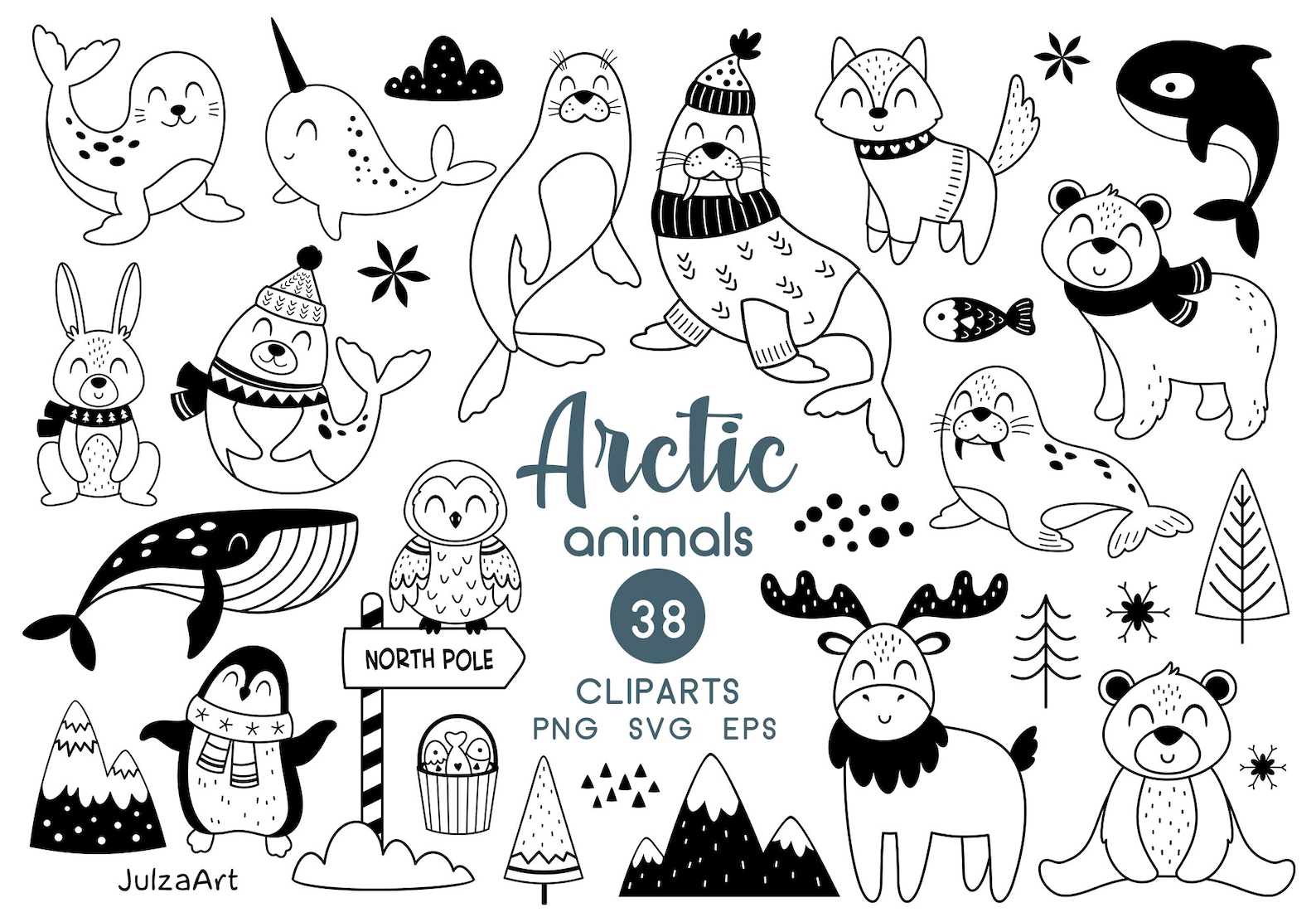 Arctic Animals Clipart Black and White Animals Svg Polar - Etsy