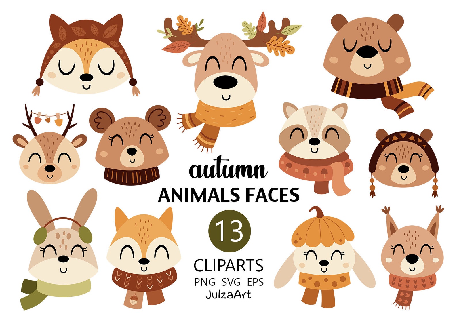 Autumn Animals Clipart Fall Animals Faces Svg Woodland - Etsy
