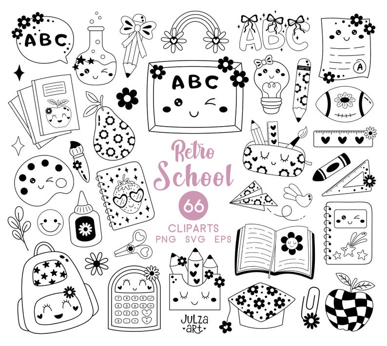 Retro Back to School Clipart: Groovy Black and White School Supplies ...