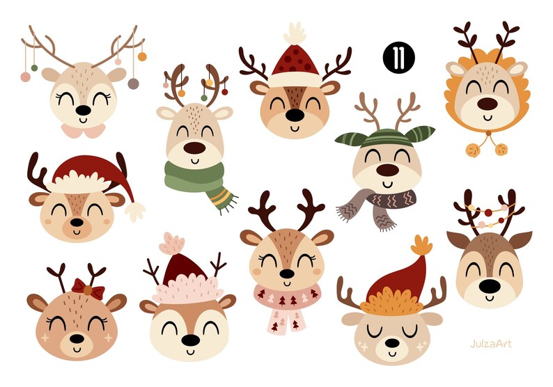 Christmas Deer Clipart: Winter Animal Faces, Holiday Woodland Character ...