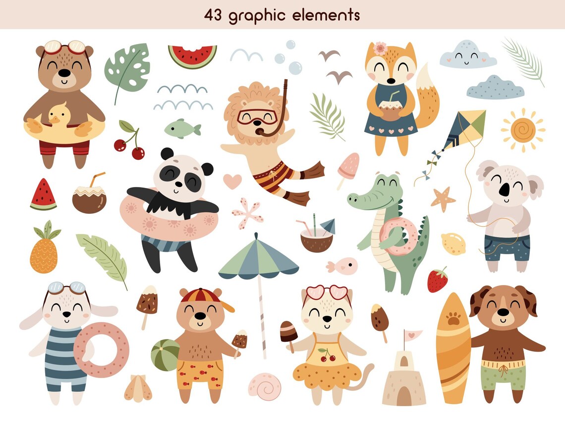 Summer Animal Clipart Set: Beach Vibes, Sea PNG, Ocean SVG, Nautical ...