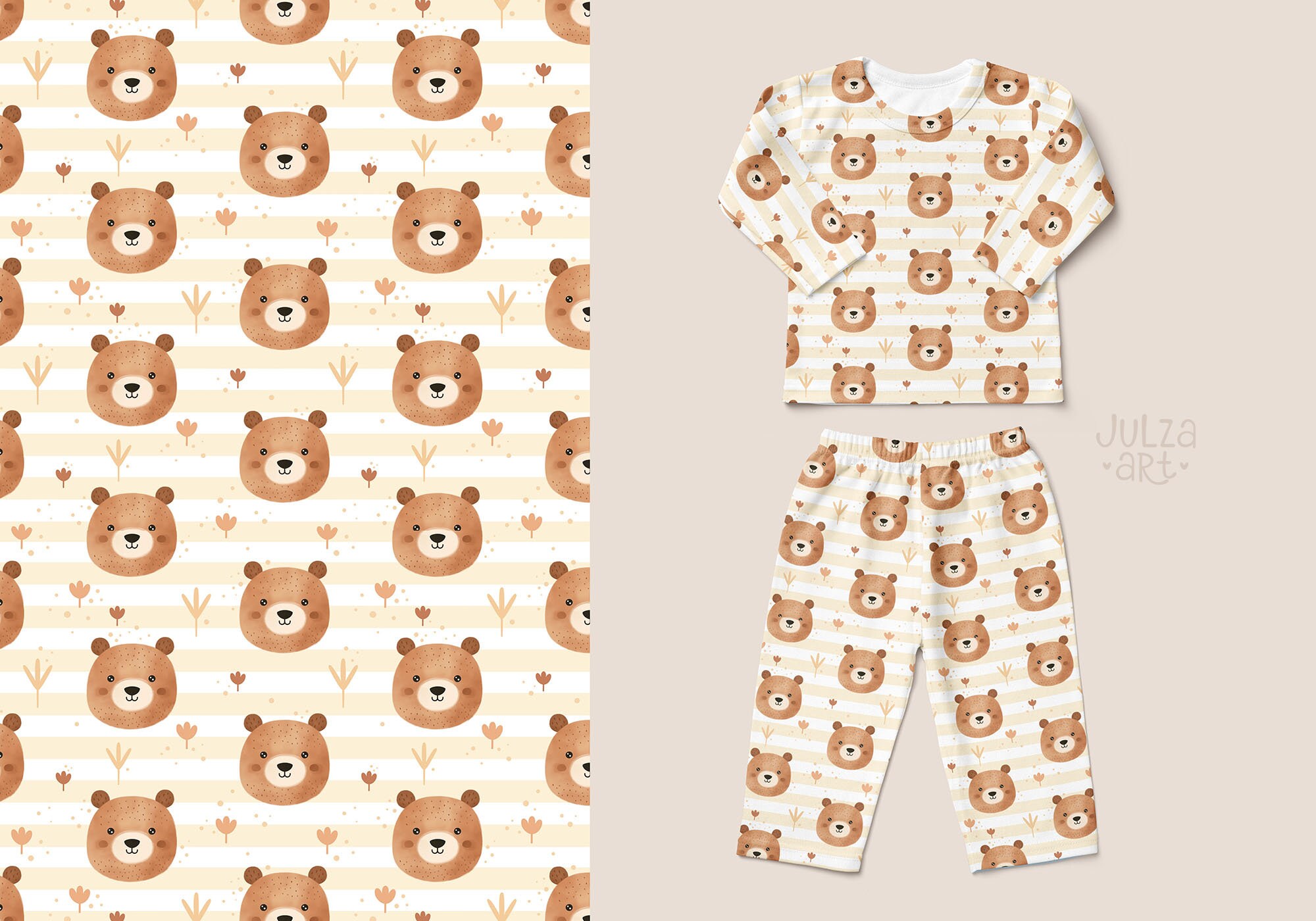 Watercolor Bear Seamless Pattern Cute Bear Digital Paper Bear Head ...