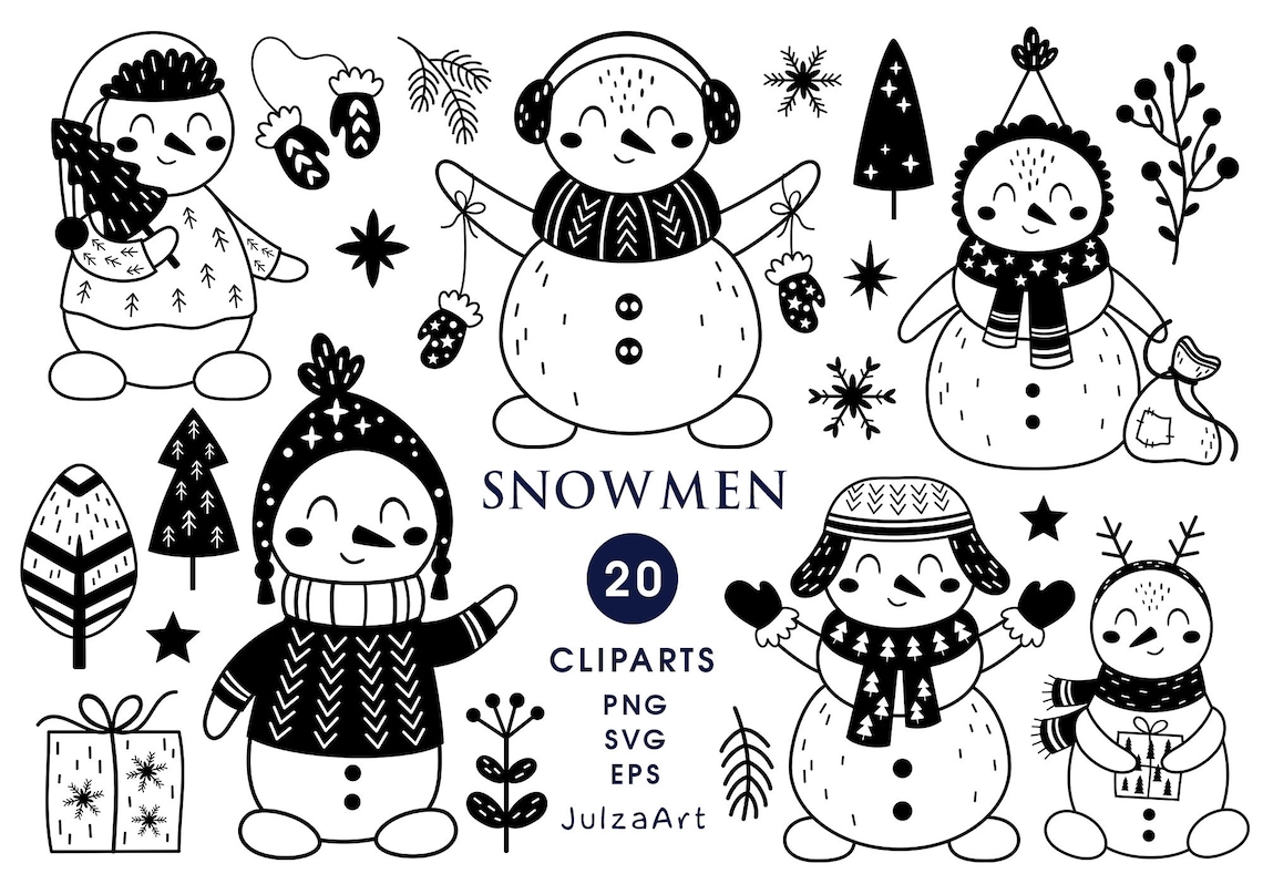 Snowman Clipart: Black and White Merry Christmas SVG, Winter PNG ...