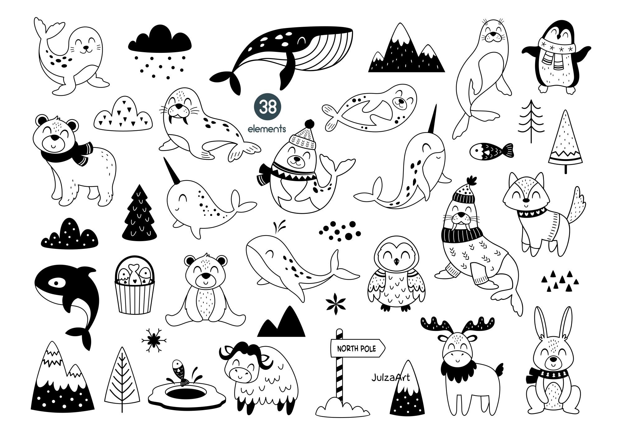 Arctic Animals Clipart Black and White Animals Svg Polar - Etsy