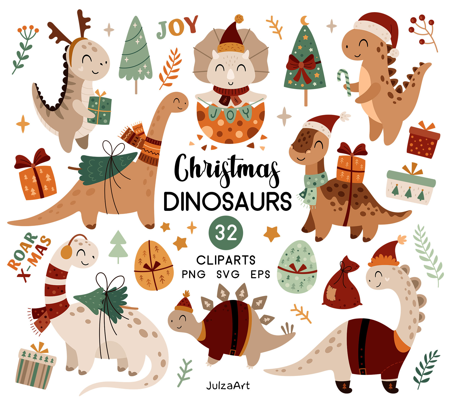 Christmas Dinosaur Clipart: Merry Christmas PNG, Holiday Dino SVG, Kids ...