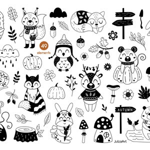 Autumn Animals Clipart, Black and White Fall Svg, Woodland Animals Png ...