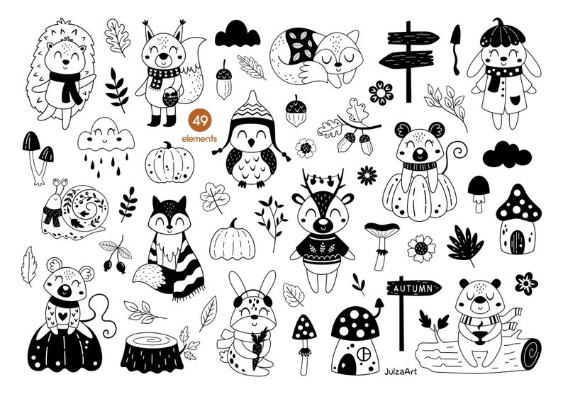 Autumn Animals Clipart Black and White Fall Svg Woodland - Etsy