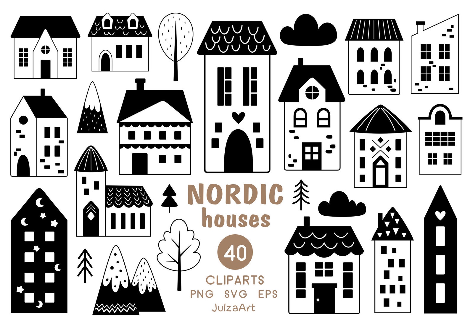 Scandinavian Houses Clipart Black and White Nordic House Svg - Etsy