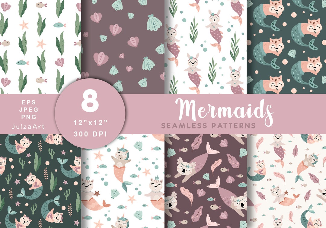 Mermaid Seamless Pattern, Little Mermaid Digital Paper, Nautical ...