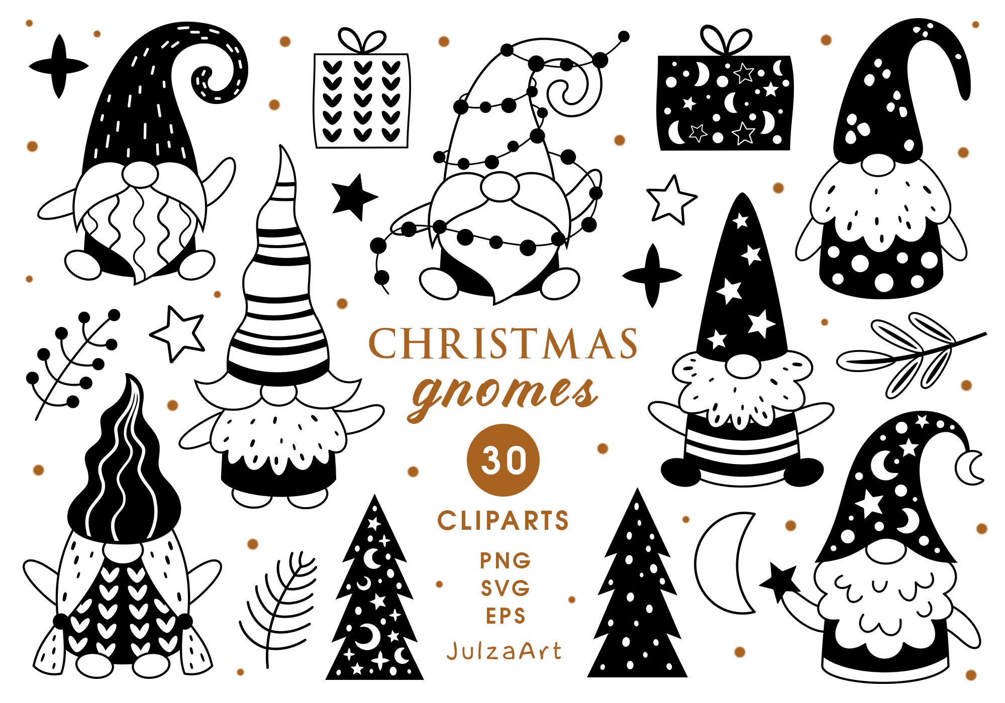 Black and White Christmas Gnome Clipart Scandinavian Gnomes - Etsy