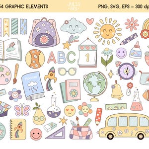 Back to School Clipart: Retro School Supplies SVG, Groovy Teacher PNG ...