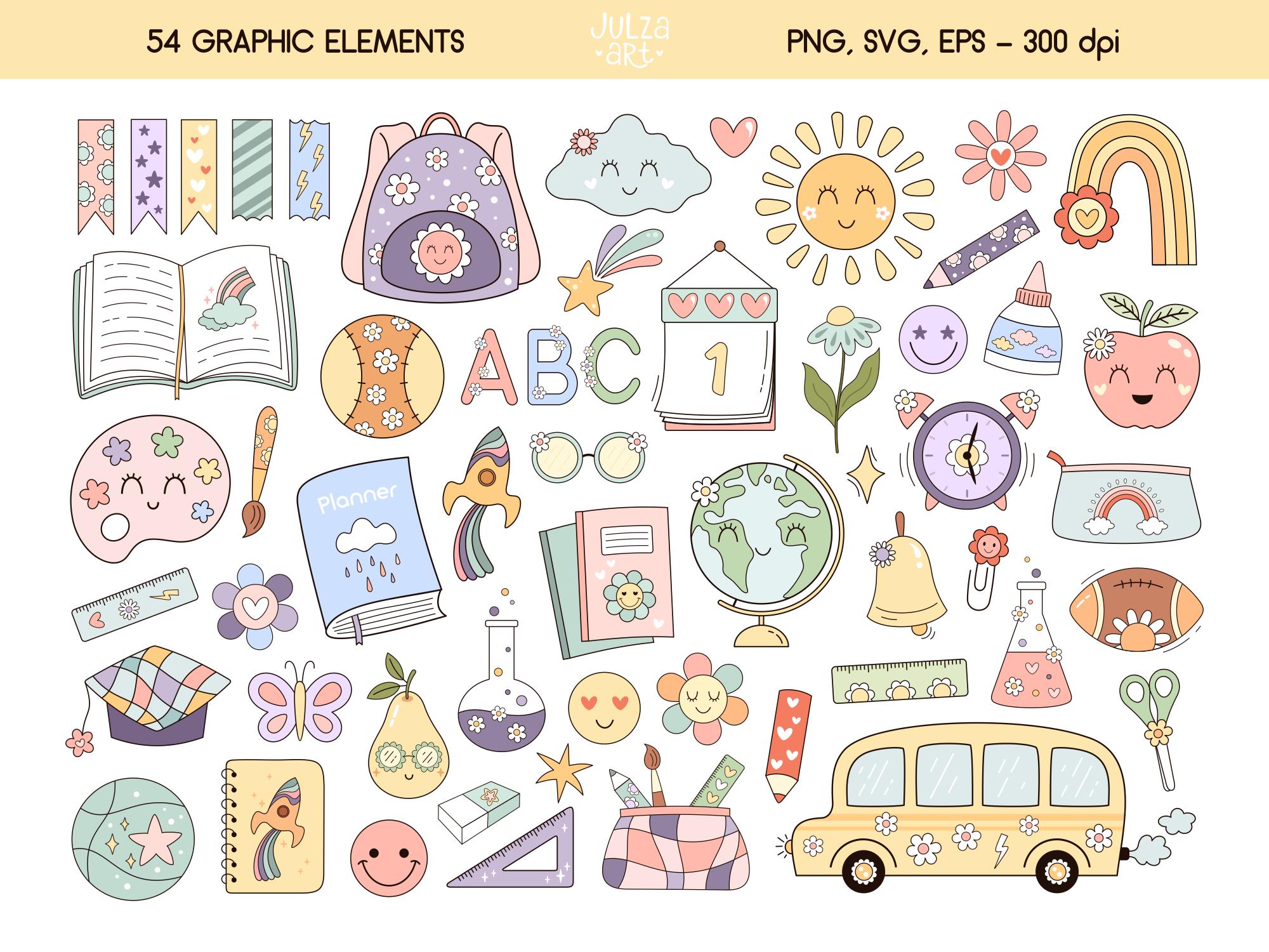 Back to School Clipart: Retro School Supplies SVG, Groovy Teacher PNG ...