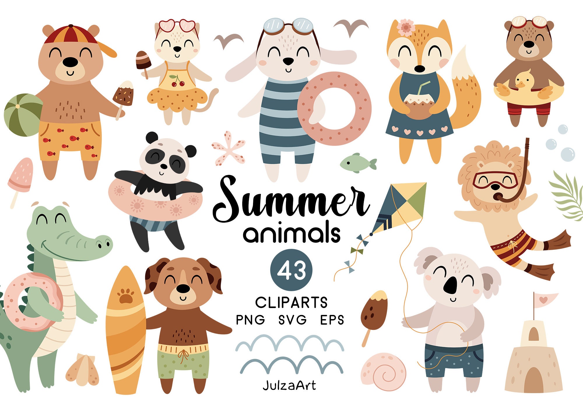 Summer Animal Clipart Set: Beach Vibes, Sea PNG, Ocean SVG, Nautical ...