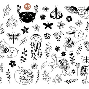 Floral Animal Clipart: Black and White Spring Animals, Flowers ...