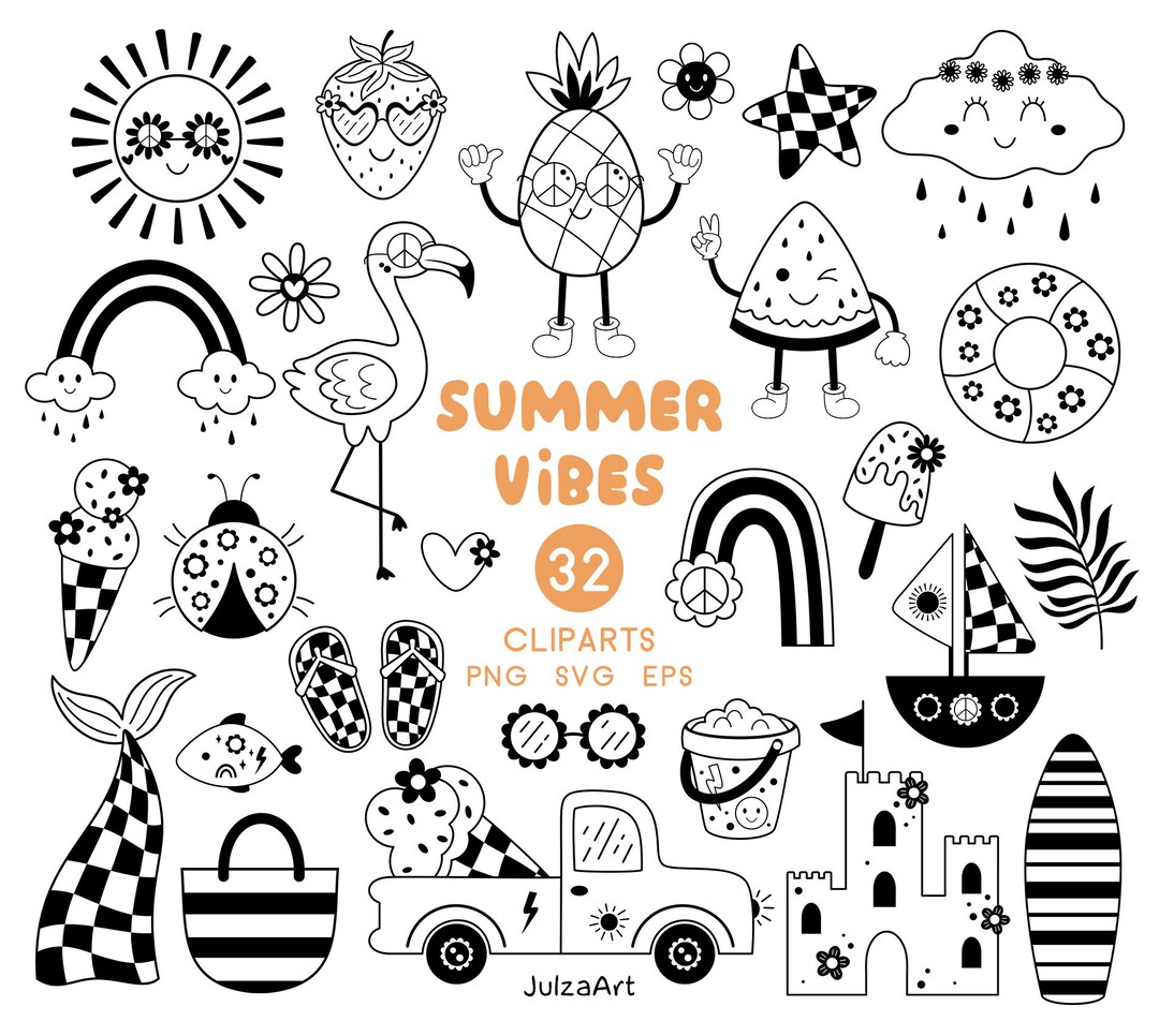 Summer Png, Retro Summer Clipart, Black and White Summer Svg, Hello ...