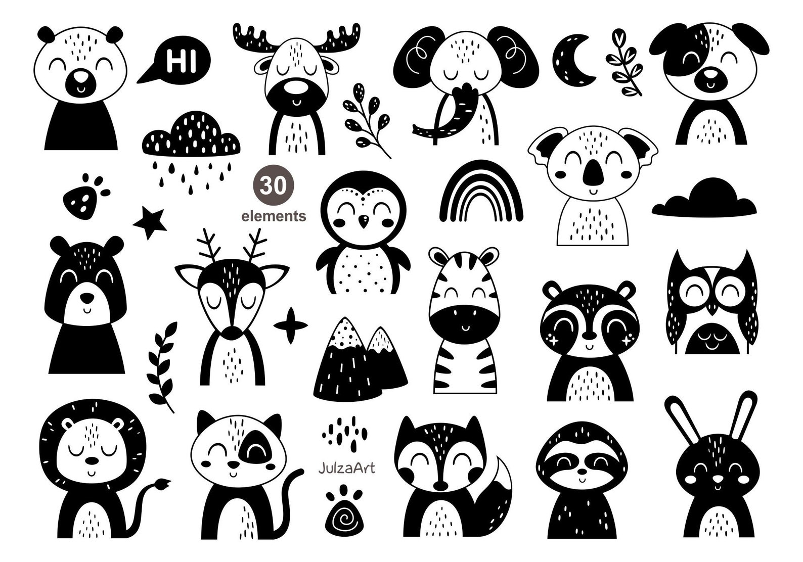 Black and White Animal Clipart Scandinavian Woodland Animals | Etsy