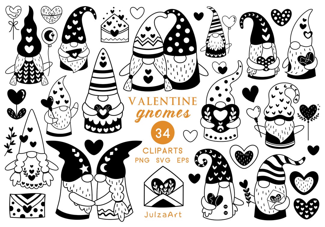 Gnome Clipart, Valentines Day Svg, Black and White Valentine Gnome Svg ...