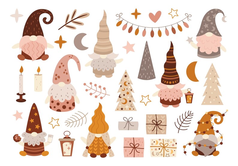 Boho Christmas Gnome Clipart: Holiday, Pastel New Year PNG SVG (digital ...
