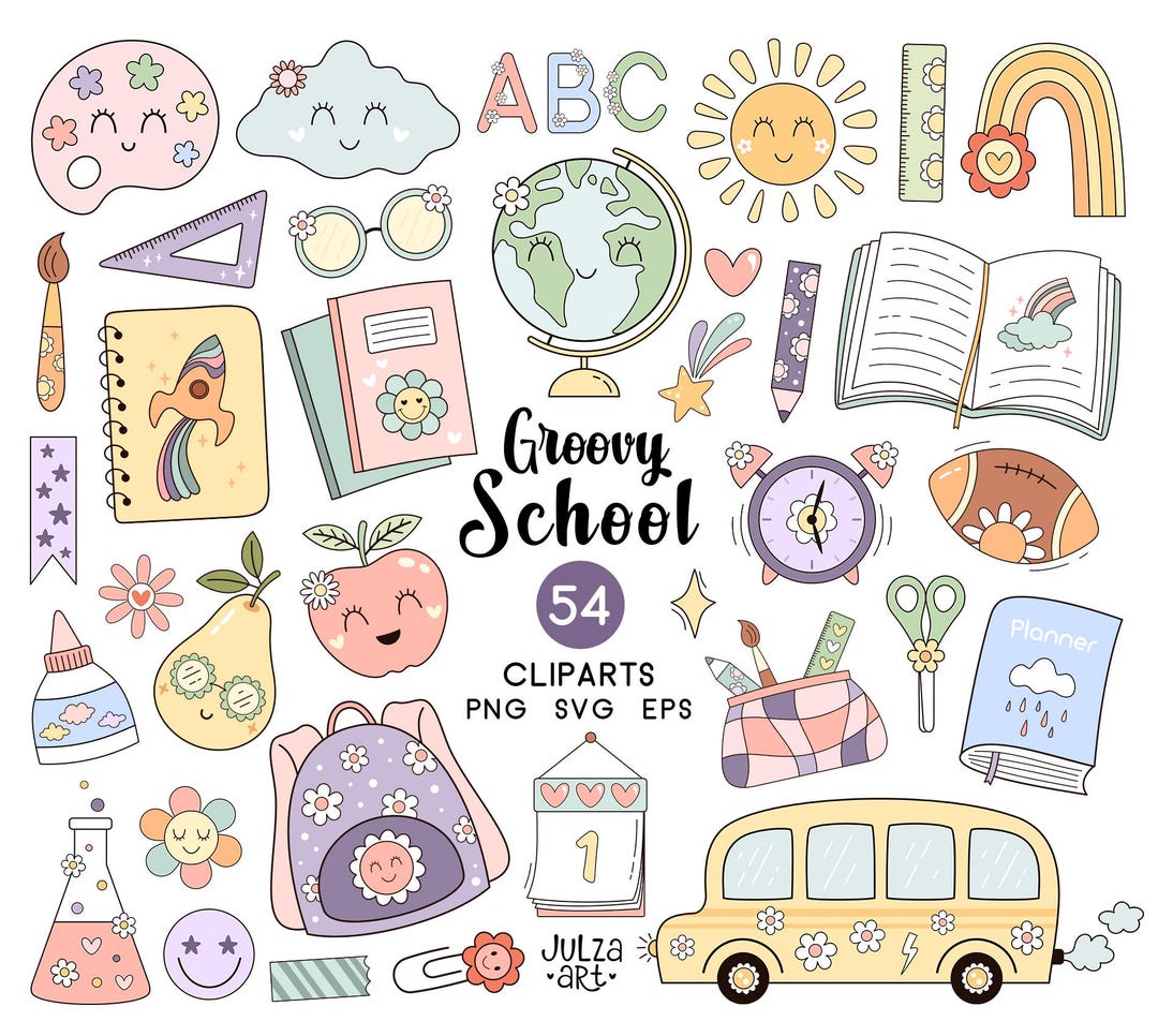 Back to School Clipart: Retro School Supplies SVG, Groovy Teacher PNG ...