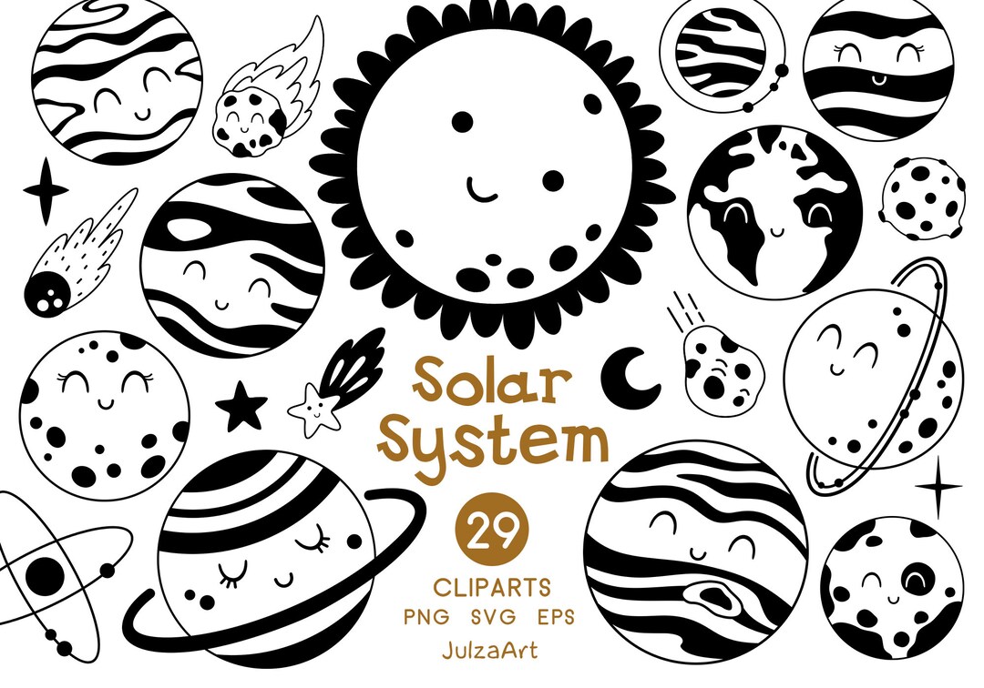 Solar System Svg, Kawaii Planet Clipart, Black Planets Svg, Outer Space ...