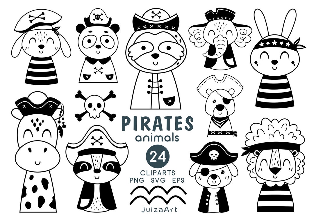 Pirate Svg, Pirate Animal Clipart, Black and White Sailor Animal Svg ...