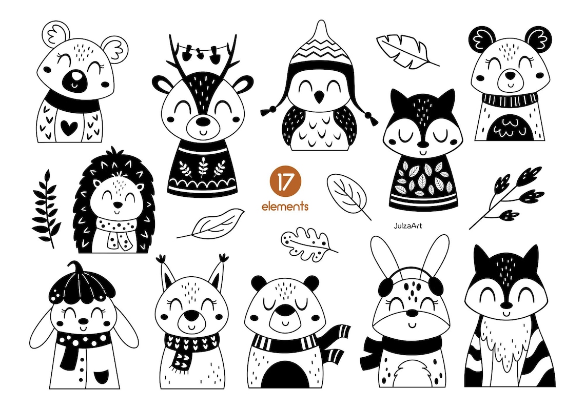 Fall Animals Clipart: Black and White Woodland Animal PNG SVG, Cartoon ...