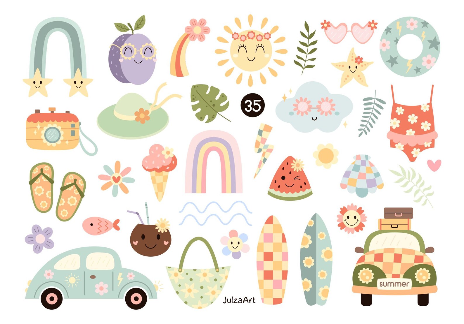 Retro Summer Clipart: Groovy Beach SVG, Hello Summer PNG, Cartoon ...