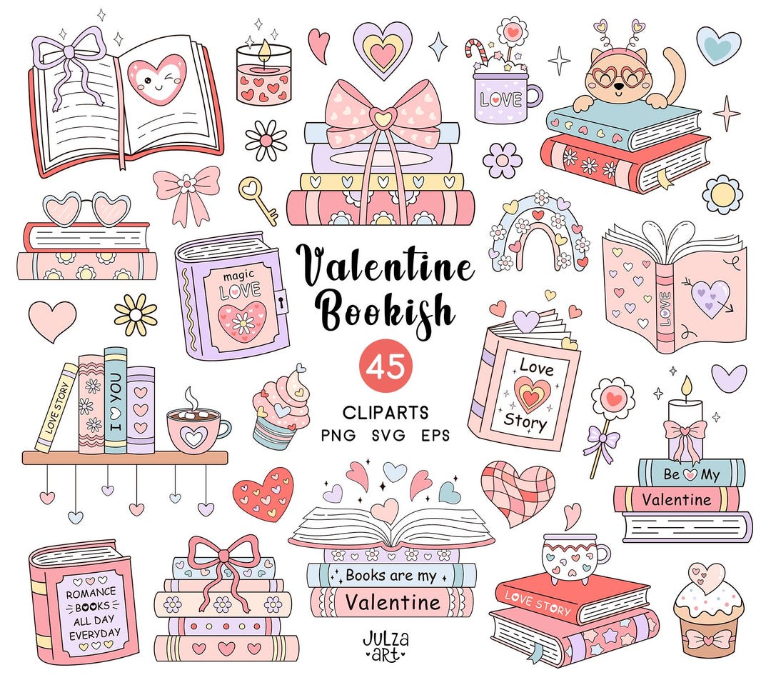 Valentine Bookish Clipart, Romance Books Png, Valentines Day Svg, Love ...