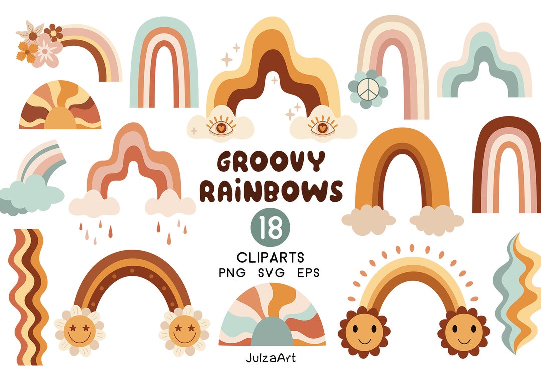 Rainbow Clipart, Retro Rainbow Svg, Boho Rainbow Png, Groovy Rainbow ...