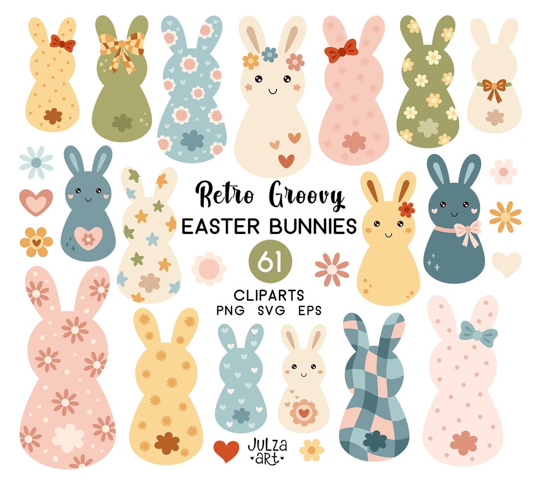 Retro Groovy Easter Bunny Clipart: Happy Easter PNG, Pastel Spring ...