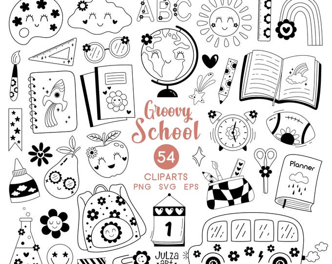 Back to School Svg, Retro School Clipart, Groovy School Png, Black and ...