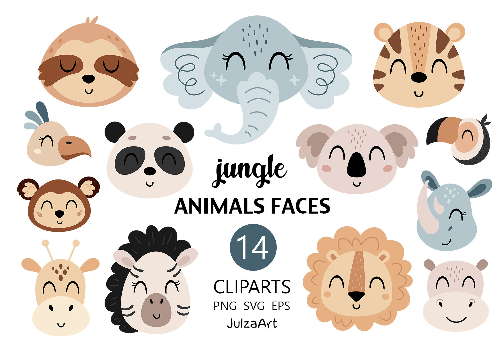 Animal Clipart, Safari Animals Faces Svg, Jungle Animals Png, Tropical ...