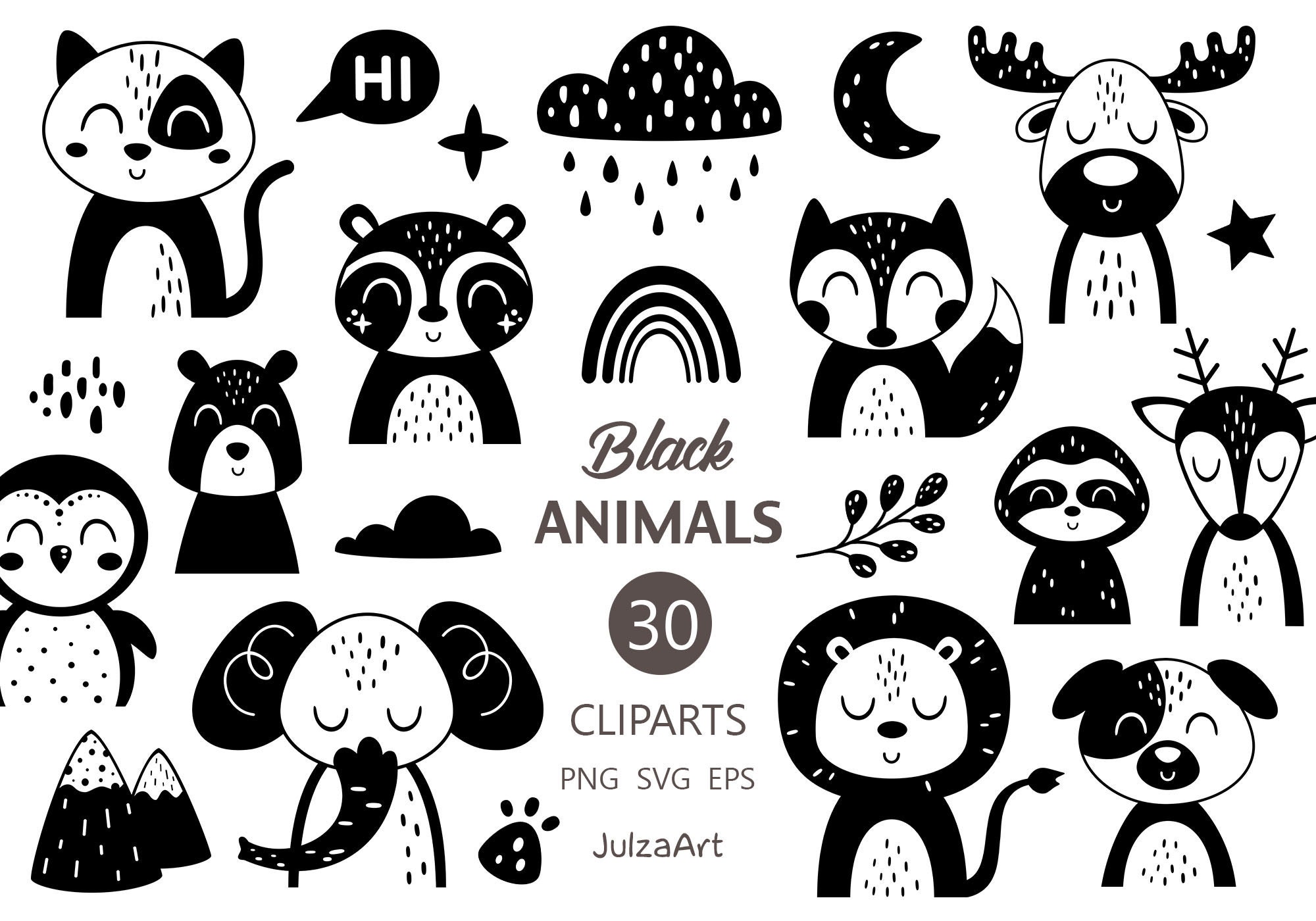 Black and White Animal Clipart Scandinavian Woodland Animals | Etsy