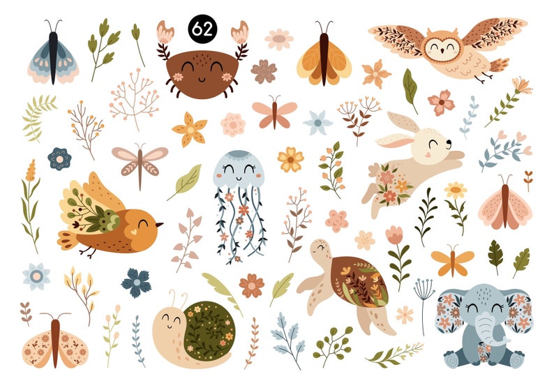 Floral Animal Clipart Cute Animals Svg Flowers Svg Spring - Etsy