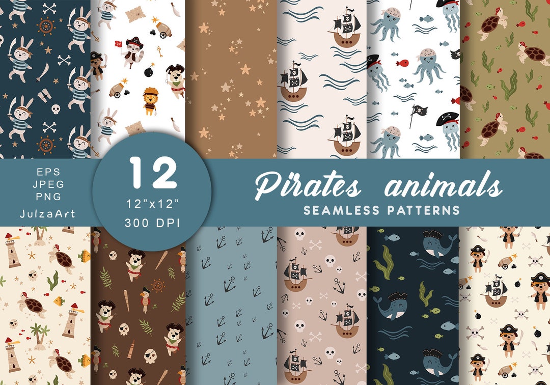 Pirates Animals Digital Paper Set, Kids Nautical Seamless Pattern, Cute ...