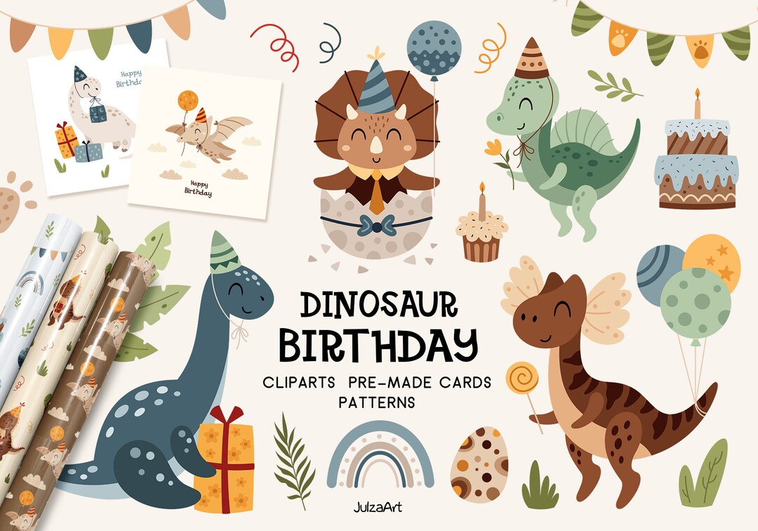 Dinosaur Birthday Clipart, Dinosaur Svg, Happy Birthday Seamless ...