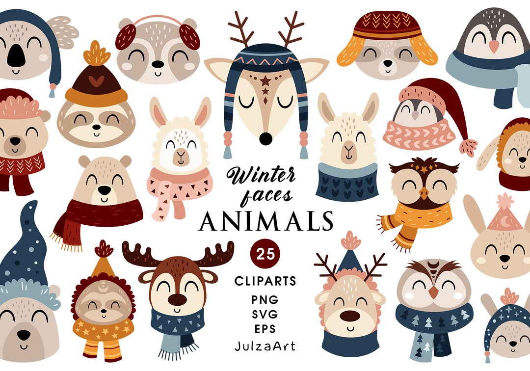 Winter Animals Clipart, Animal Face Svg, Cozy Christmas Print, Boho ...