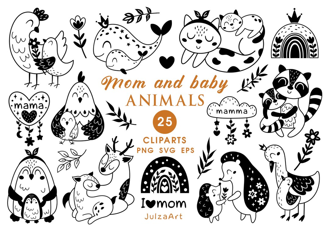 Mom and Baby Animal Clipart: Mothers Day SVG, Woodland PNG, Doodle ...